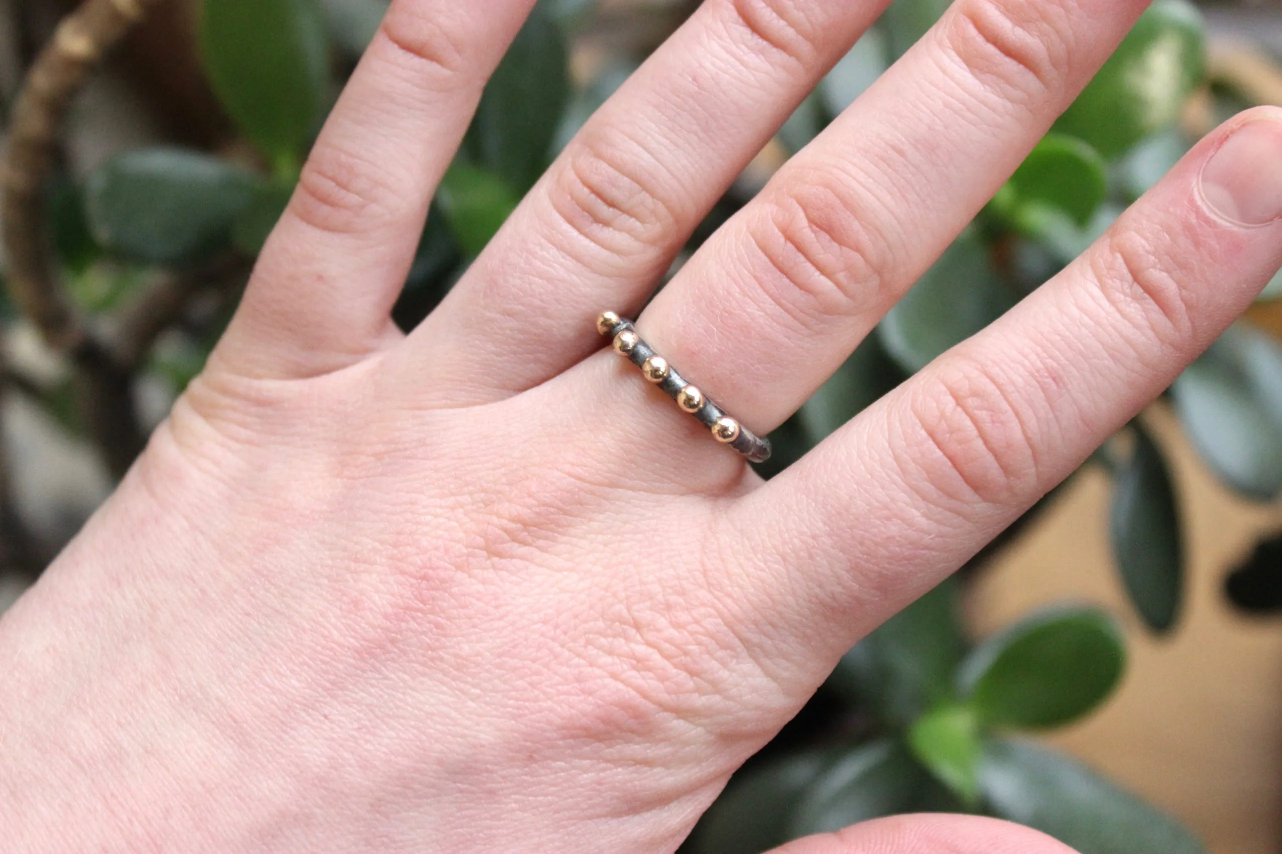 Fi Mehra Jewellery | Five 9ct Gold Bobbles Silver Ring with Slight ...