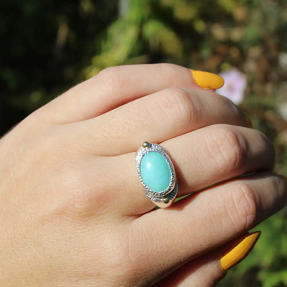 Silver & 9ct Gold Amazonite Ring - Armed & Gorgeous - Handmade Jewellery UK