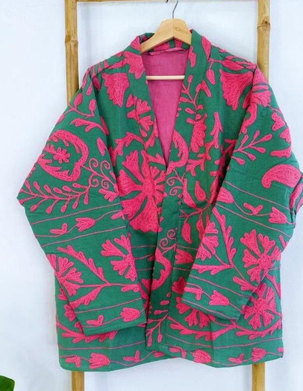 Suzani Hip Length Jacket – Green & Pink – Armed & Gorgeous